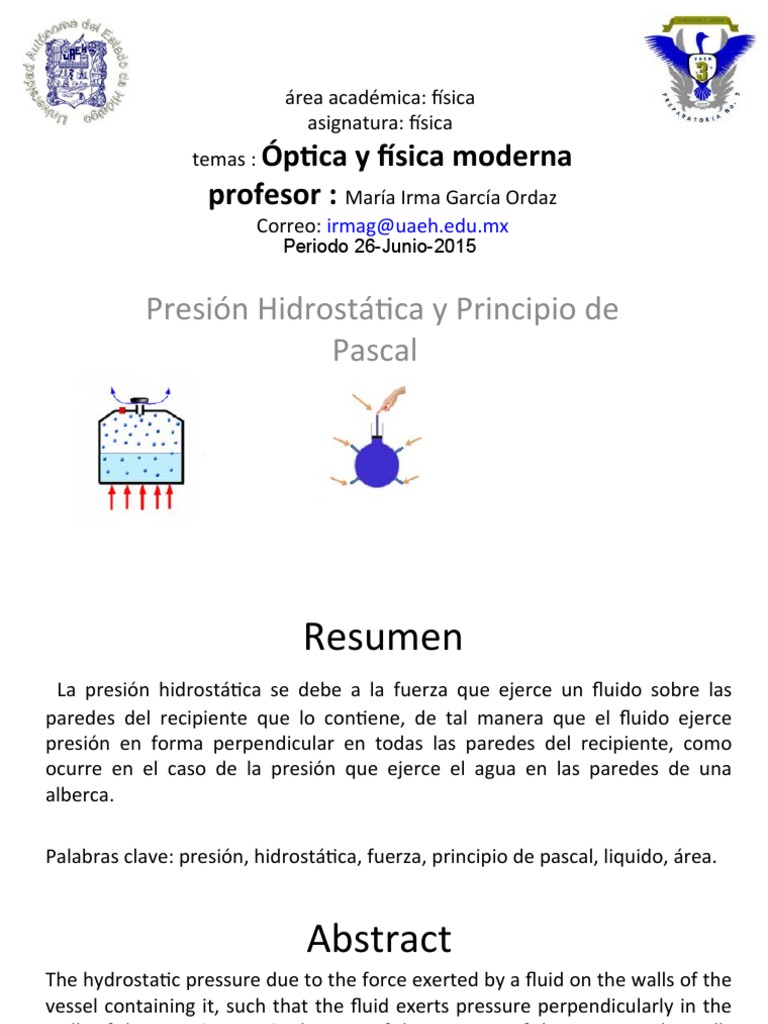 Presion Hidrostatica y Principio de Pascal | PDF | Presión | Líquidos