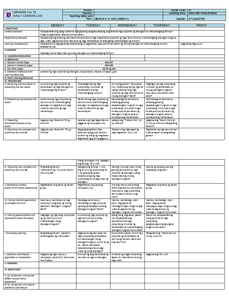 Araling Panlipunan 3 - Q4 - W9 DLL | PDF