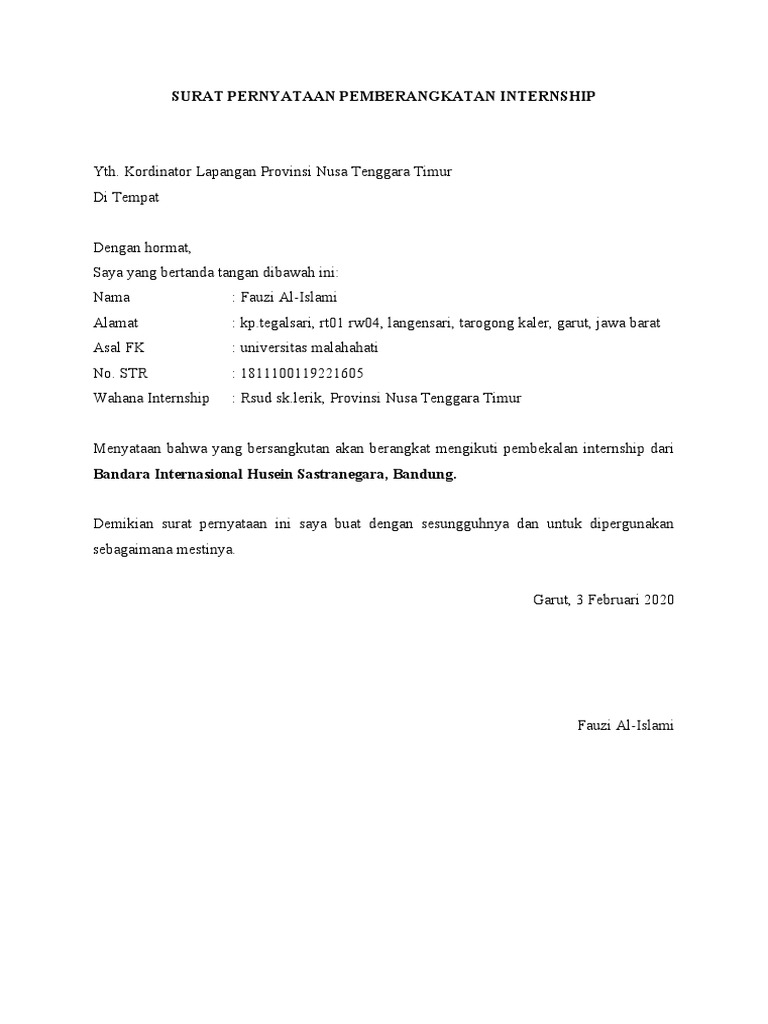 Surat Pernyataan Internship Fauzi Al-Islami | PDF