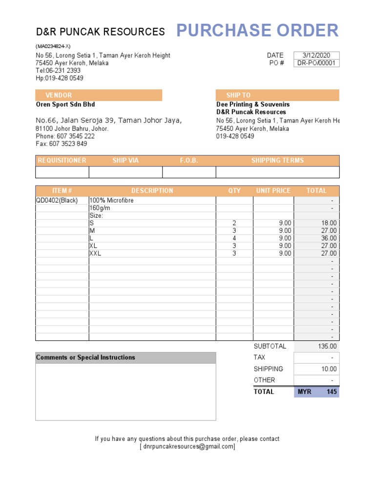 Purchase Order for Microfibre Sports Shirts from Oren Sport Sdn Bhd by ...