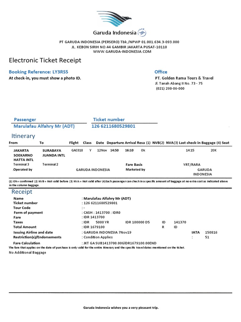 Invoice Tiket Garuda Surabaya | PDF | Airlines | Aviation