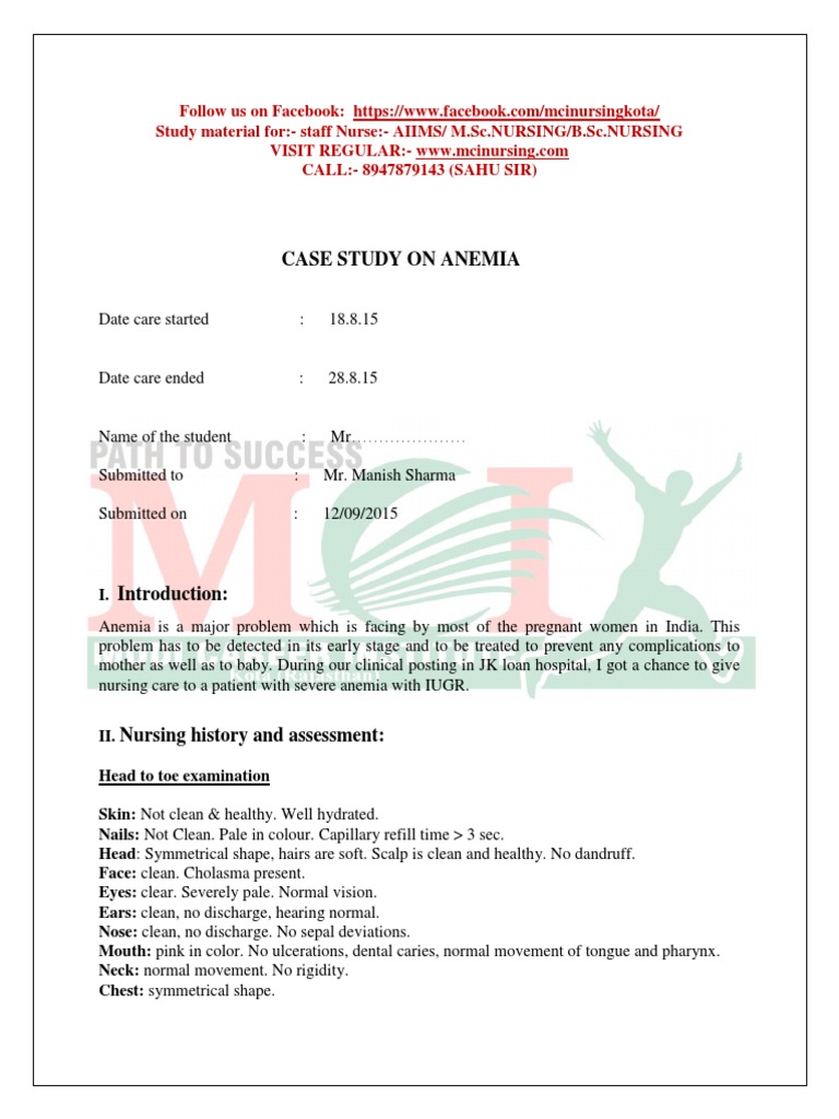 Case Study On Anemia PDF | Download Free PDF | Anemia | Intravenous Therapy