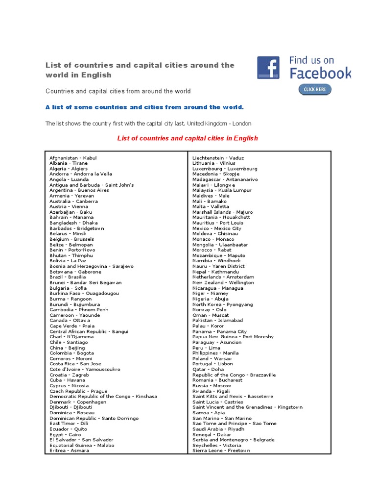 List of Countries and Capital Cities Around The World in English | PDF ...