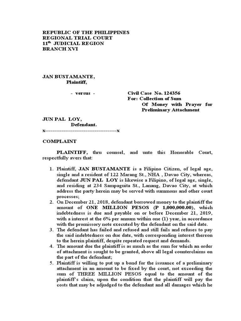 1 Complaint-For-Sum-Of-Money-With-Prayer-For-Preliminary-Attachment ...