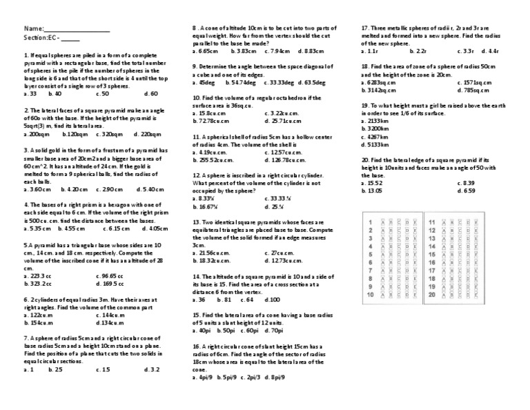 Spheres, Cones, Pyramids Math Geometry Problems | PDF | Sphere | Volume