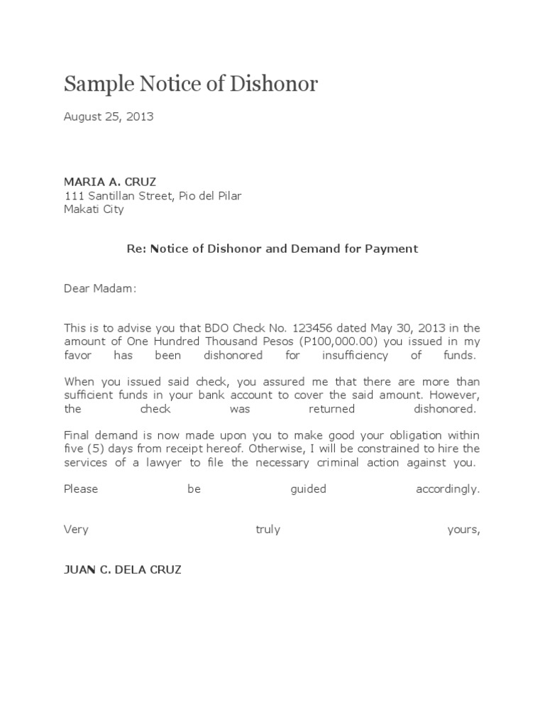 Notice of Dishonor and Payment Demand | PDF