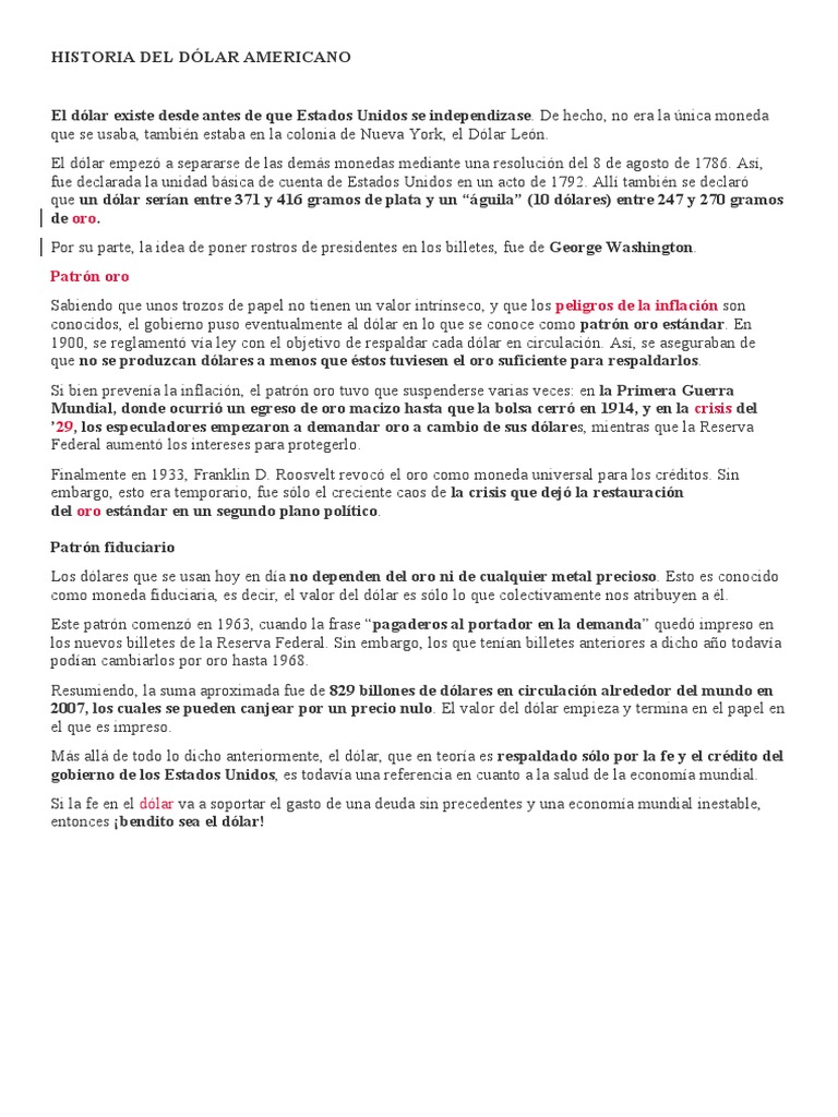 Historia Del Dolar Americano | PDF | Estándar dorado | Billete de banco