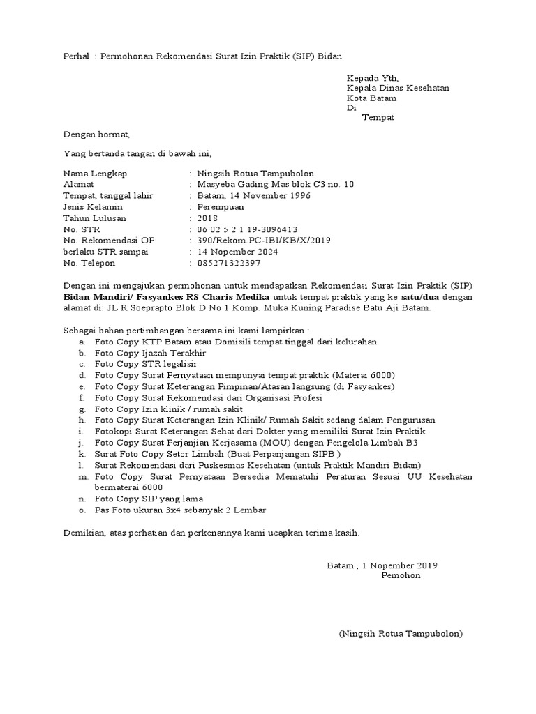 Form Permohonan Rekom Bidan | PDF