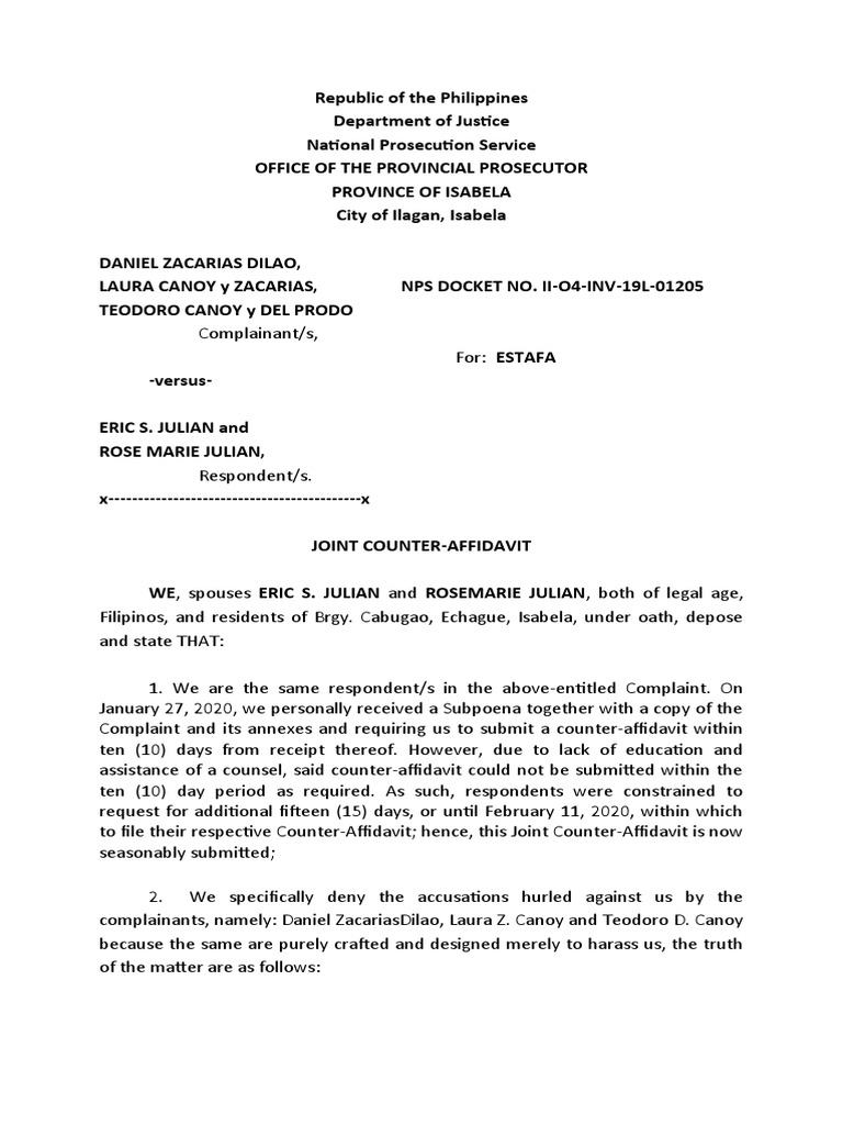 Joint Counter-Affidavit for Estafa Case | PDF | Prosecutor | Fraud