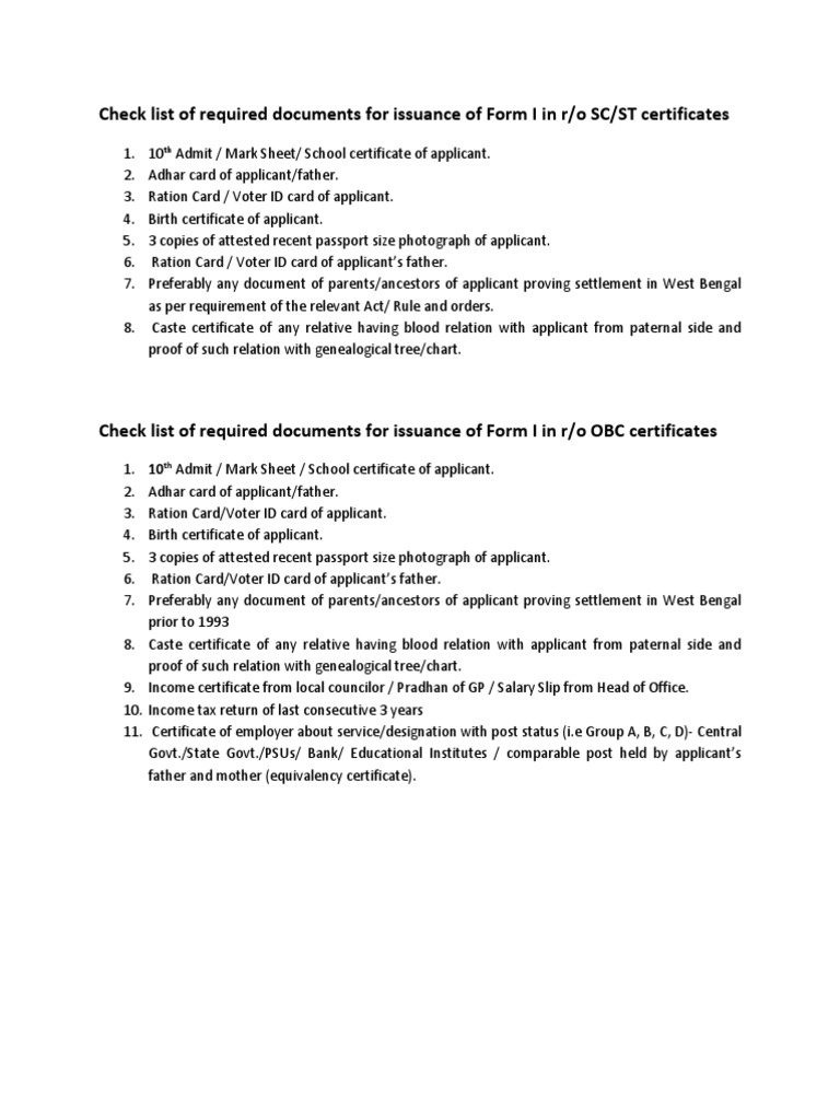 Check List For Caste Certificate Documents | PDF