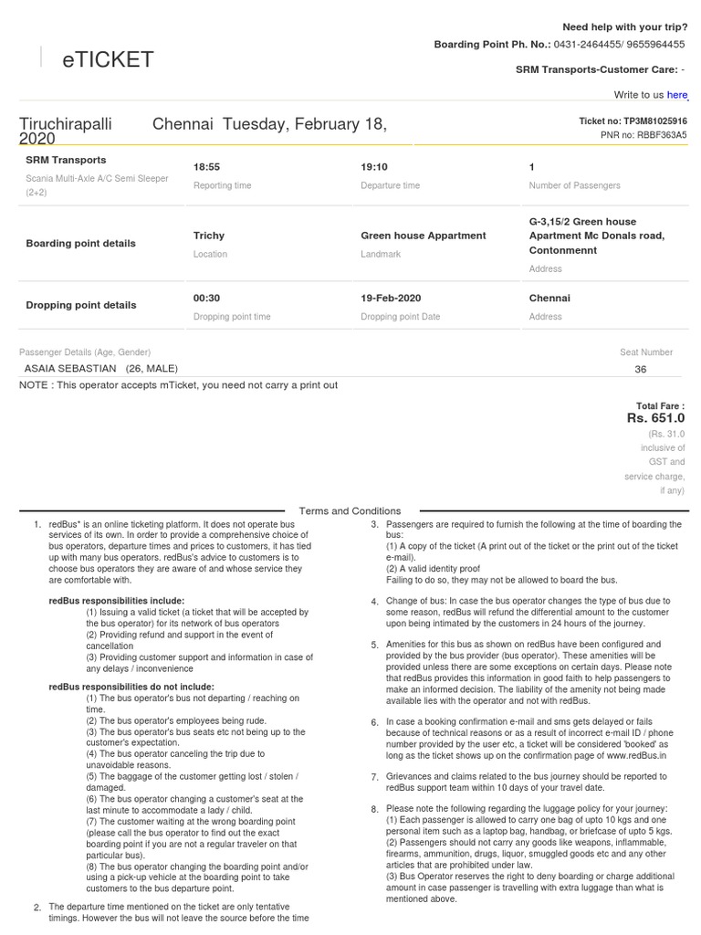 Redbus Ticket | PDF | Ticket (Admission) | Bus