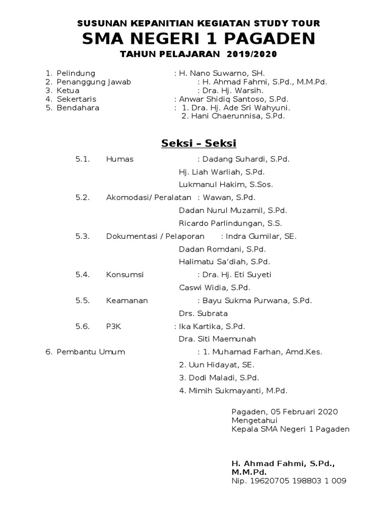 Susunan Kepanitian Kegiatan Study Tour | PDF