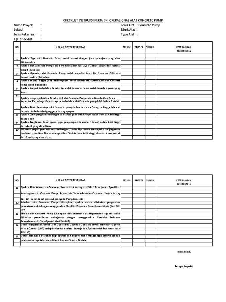 Checklist Instruksi Kerja (IK) Alat Concrete Pump | PDF