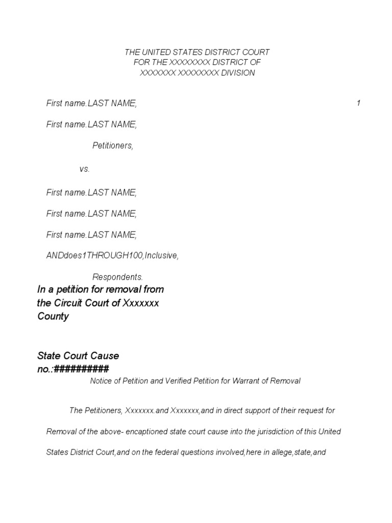 Petition for Removal from State to Federal Court | State Court (United ...