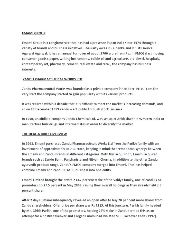 Emami-Zandu Case | PDF | Takeover | Mergers And Acquisitions