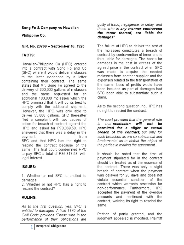 Reciprocal Obligations | PDF | Breach Of Contract | Damages