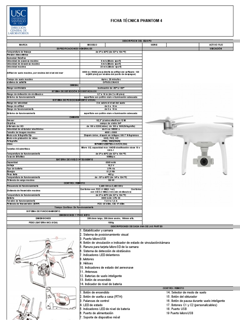 Ficha Técnica del Dron Phantom 4 | PDF | USB | Vehículo aéreo no tripulado