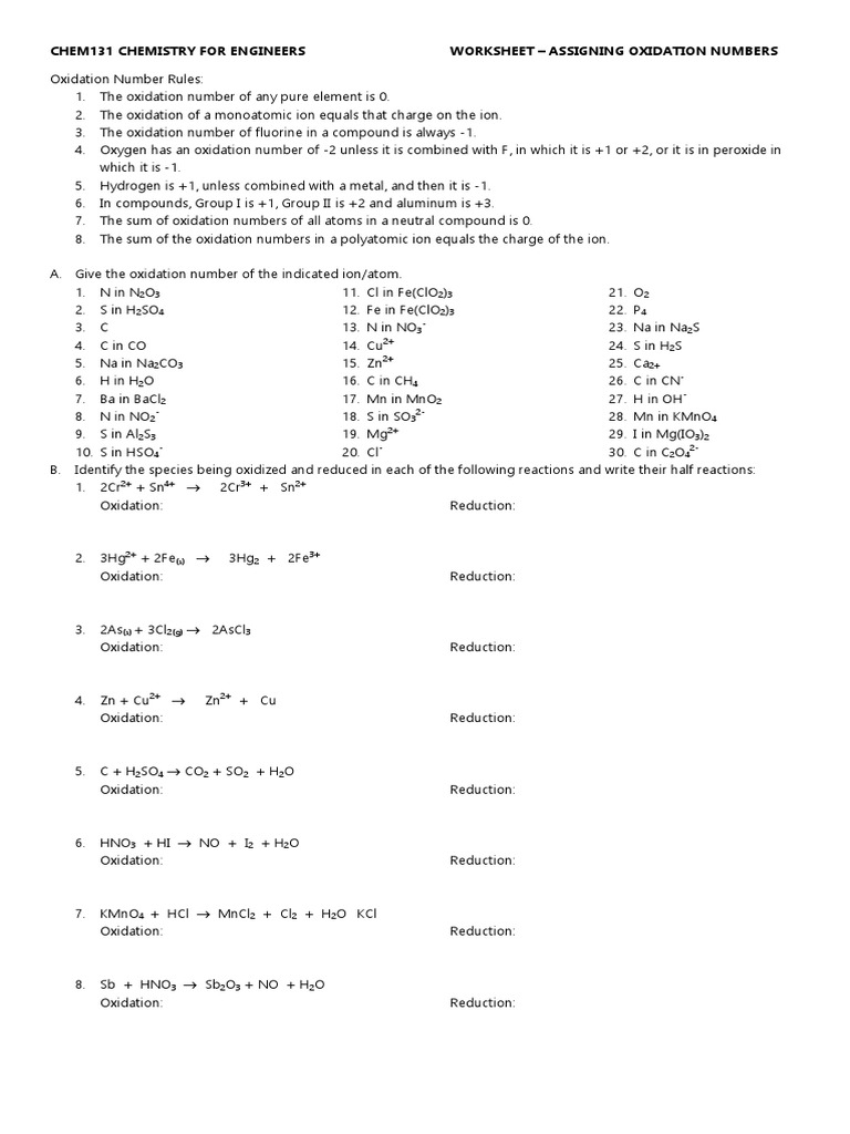 Oxidation Numbers and Reactions Worksheet | PDF | Redox | Ion