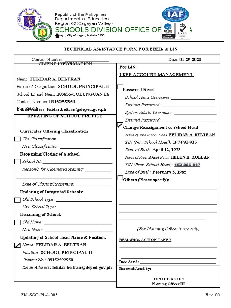 Technical Assistance Form For Ebeis & Lis | PDF | Computer Access ...