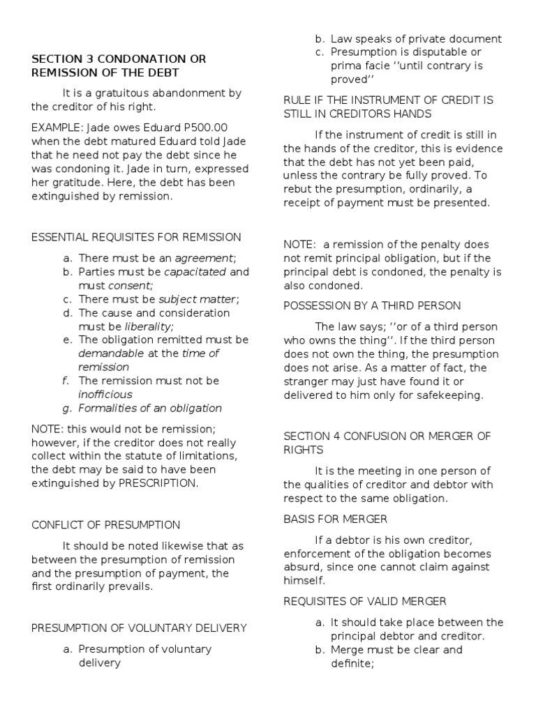 Section 3 Condonation or Remission of The Debt | PDF | Debtor | Debt
