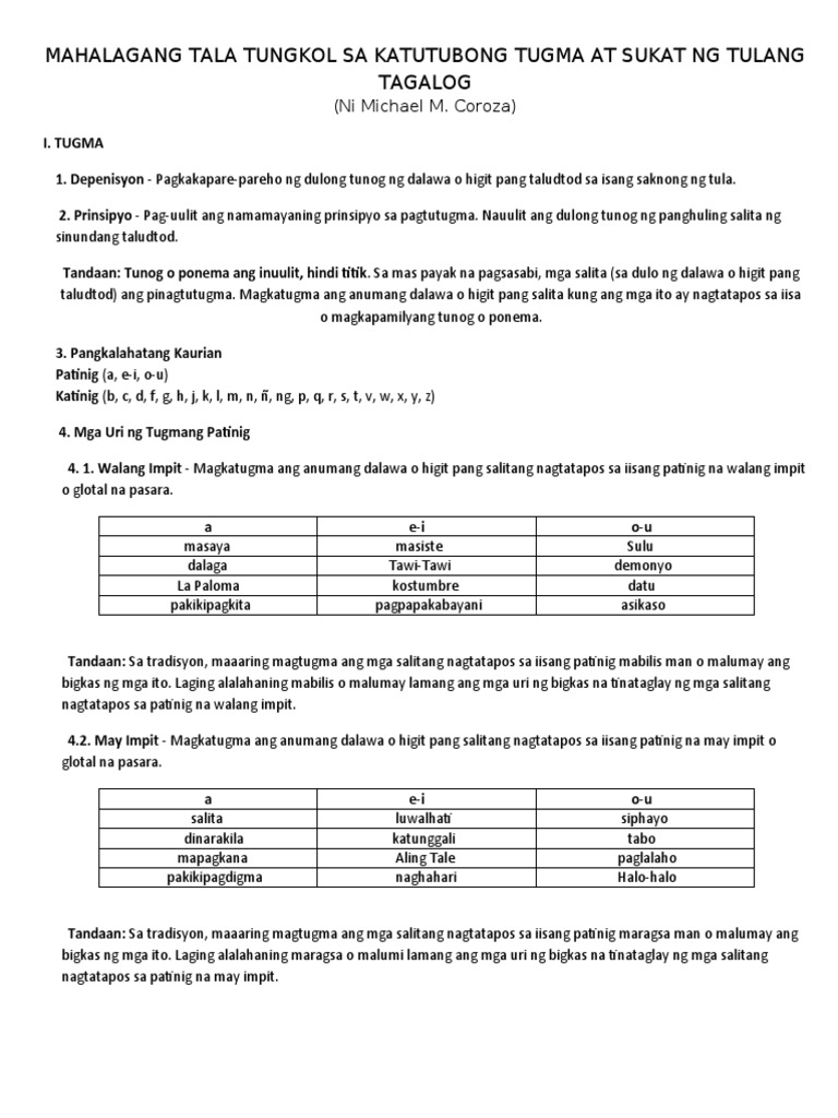 Mahahalagang Tala Tungkol Sa Katutubong Tugma at Sukat NG Tulang ...