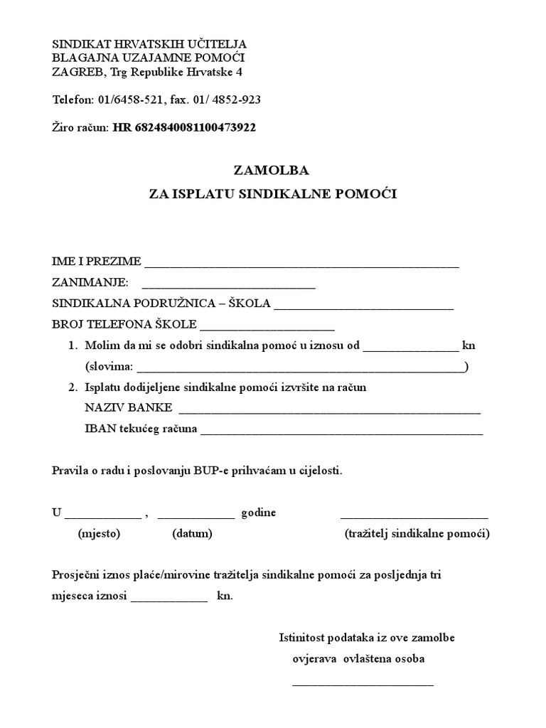 Zamolba Za Isplatu Sin Pomoci | PDF