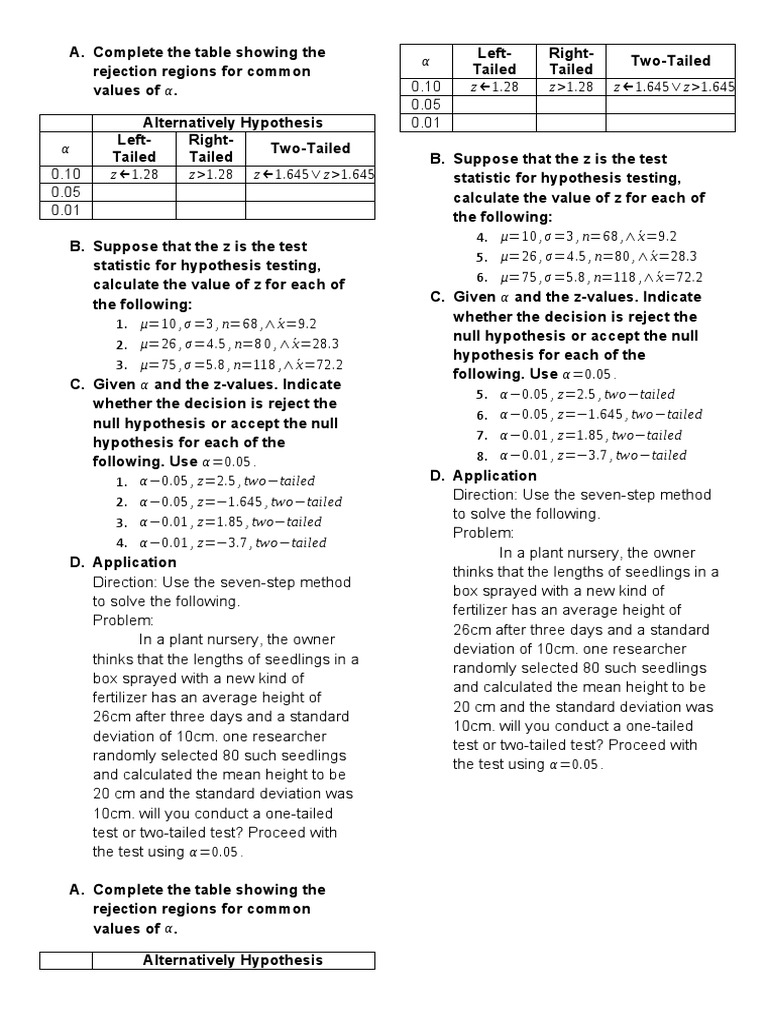 Complete the table showing the rejection regions for common values of α ...