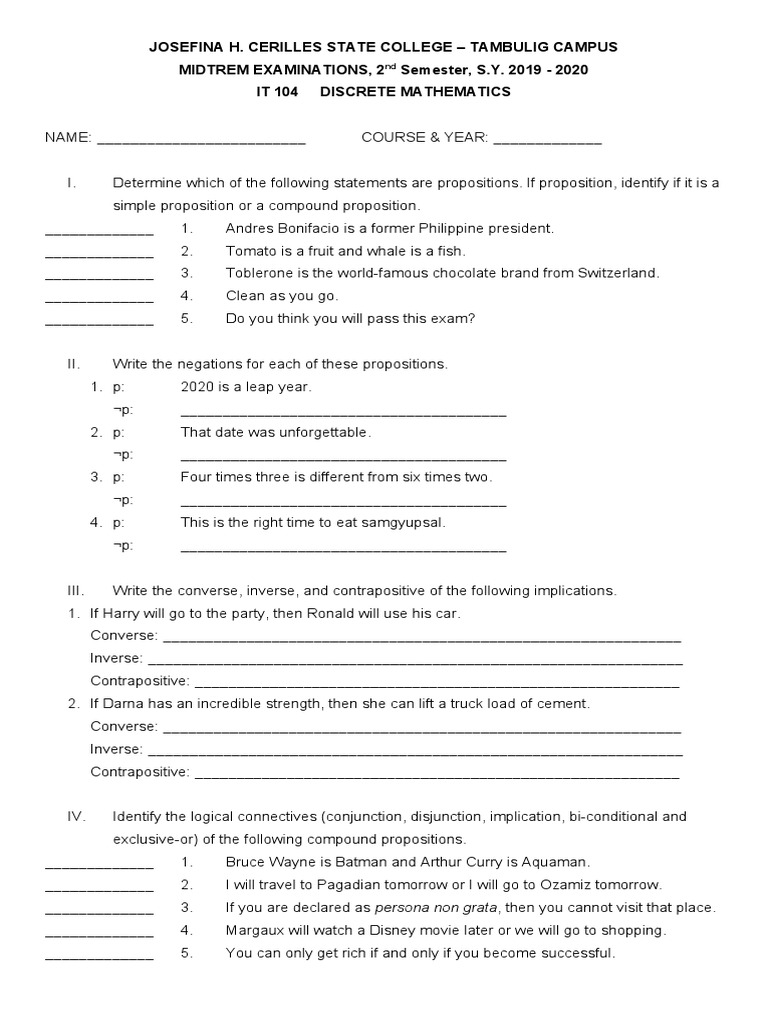 BSIT I - Discrete Math - Midterm Exam | PDF | Metalogic | Logic