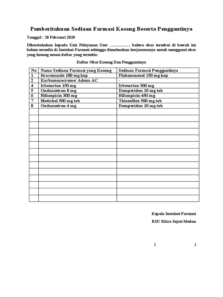 Form Pemberitahuan Obat Kosong Dan Penggantinya | PDF