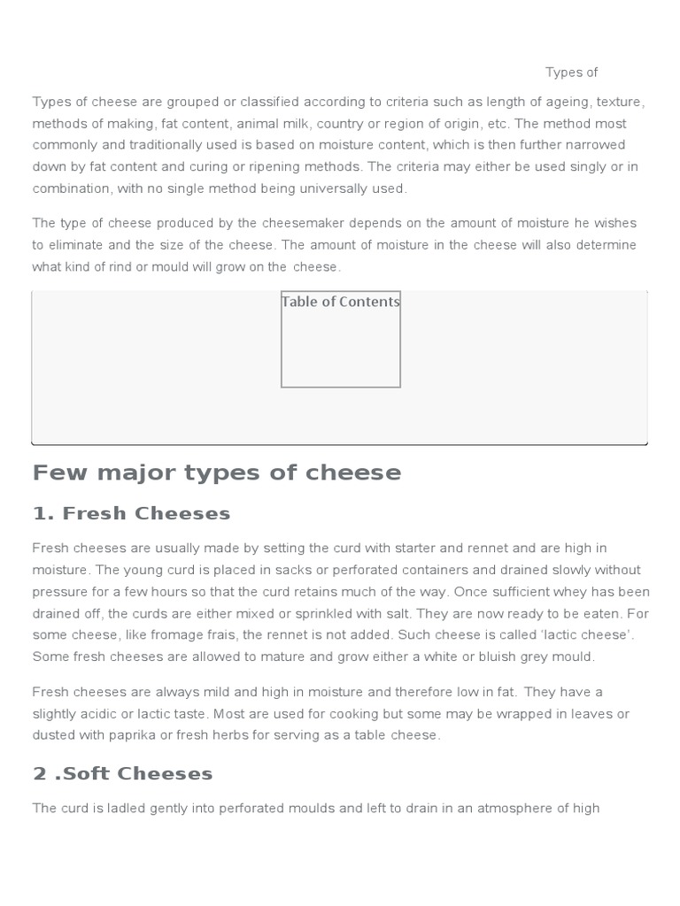 Types and Classifications of Cheese | PDF | Cheese | Dairy Products