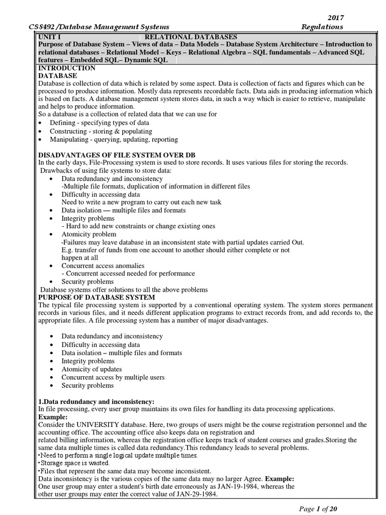 CS8492 DBMS Unit 1 | PDF | Relational Database | Databases