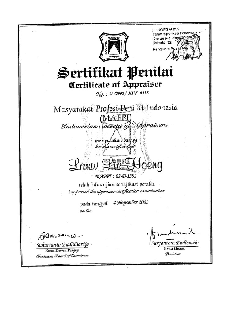 Sertifikat Penilai MAPPI | PDF