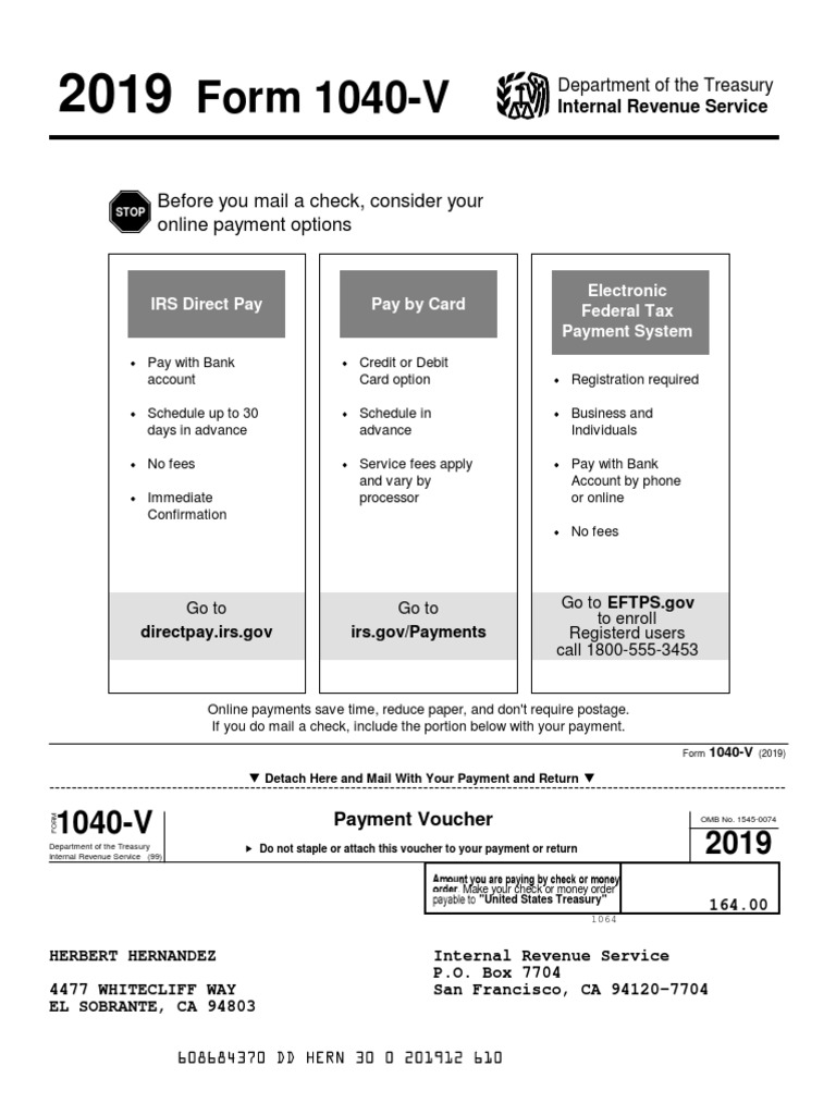 2019 IRS Form 1040-V Payment Voucher | PDF | Expense | Tax Deduction