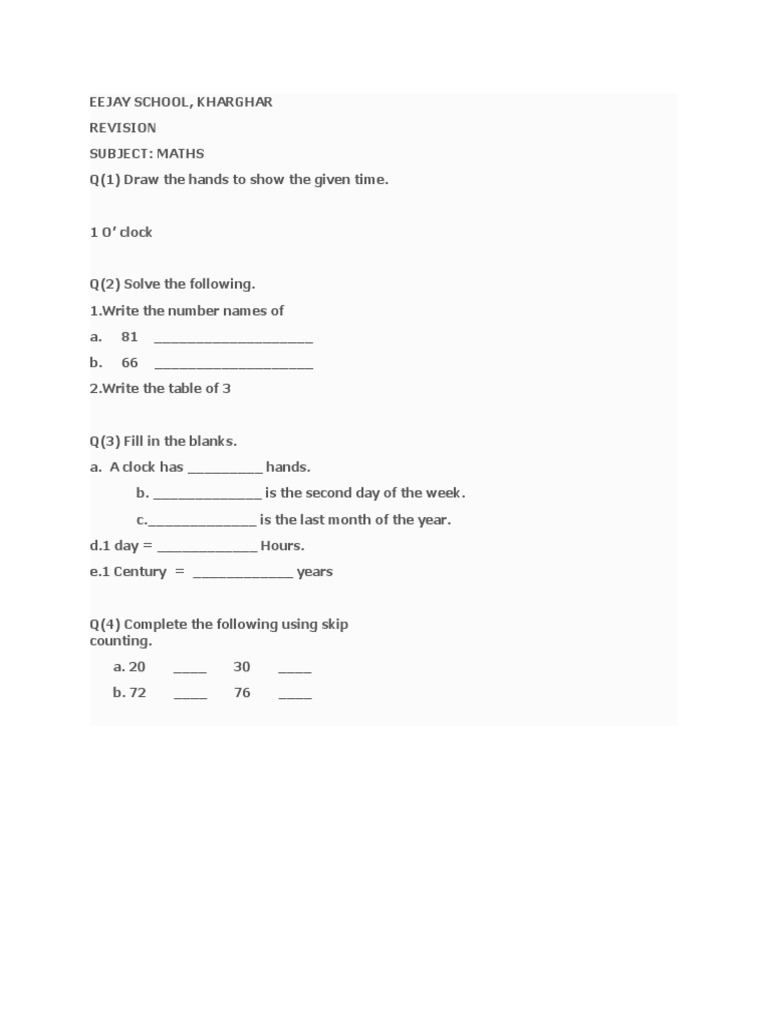 Maths Question Paper Class 1 | PDF