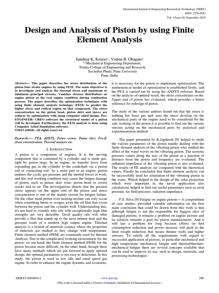 Design and Analysis of Piston by Using Finite Element Analysis IJERTV4IS090411 PDF | PDF ...