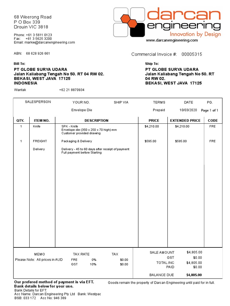 Invoice #5315 From Darcan Engineering Pty LTD PDF | PDF | Receipt ...