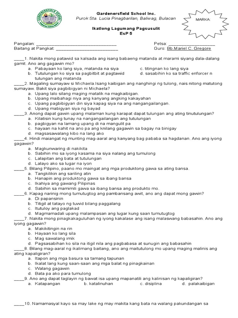 Grade 5 3rd Summative ESP | PDF