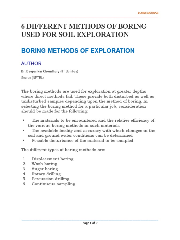 Methods of Boring Used For Soil Exploration | PDF | Drilling | Drilling Rig