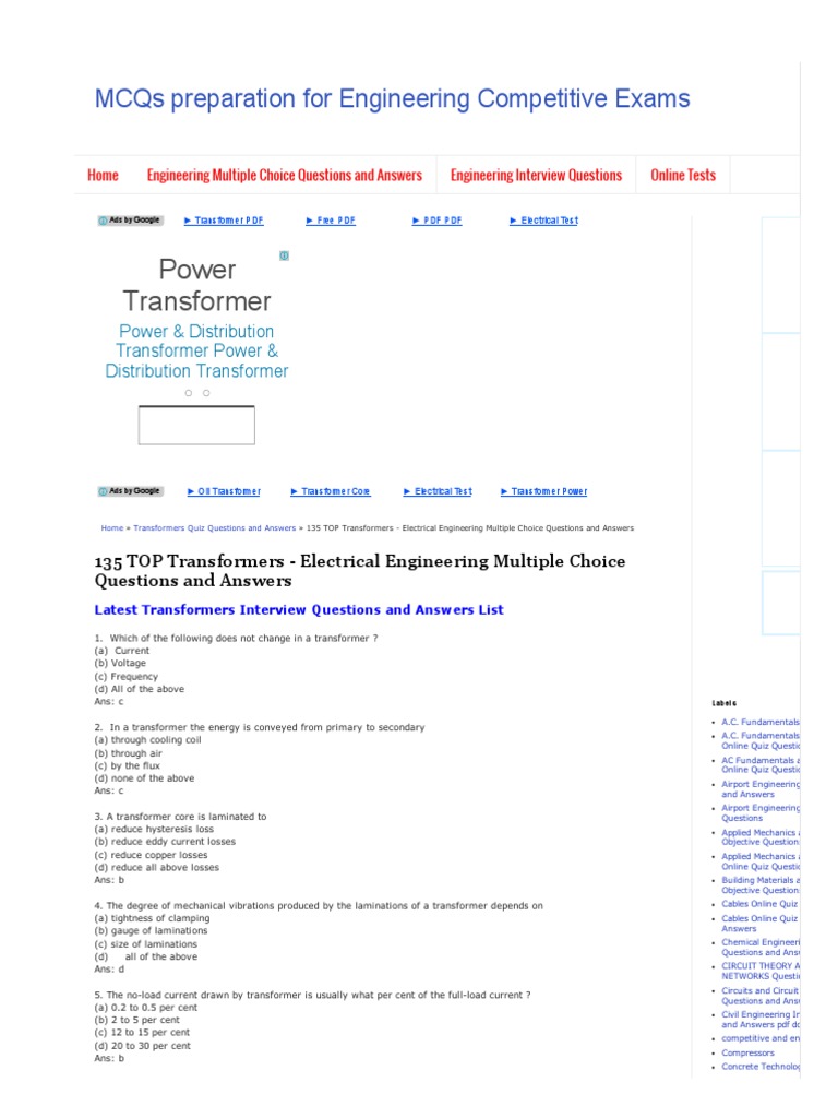 135 TOP Transformers - Electrical Engineering Multiple Choice Questions ...