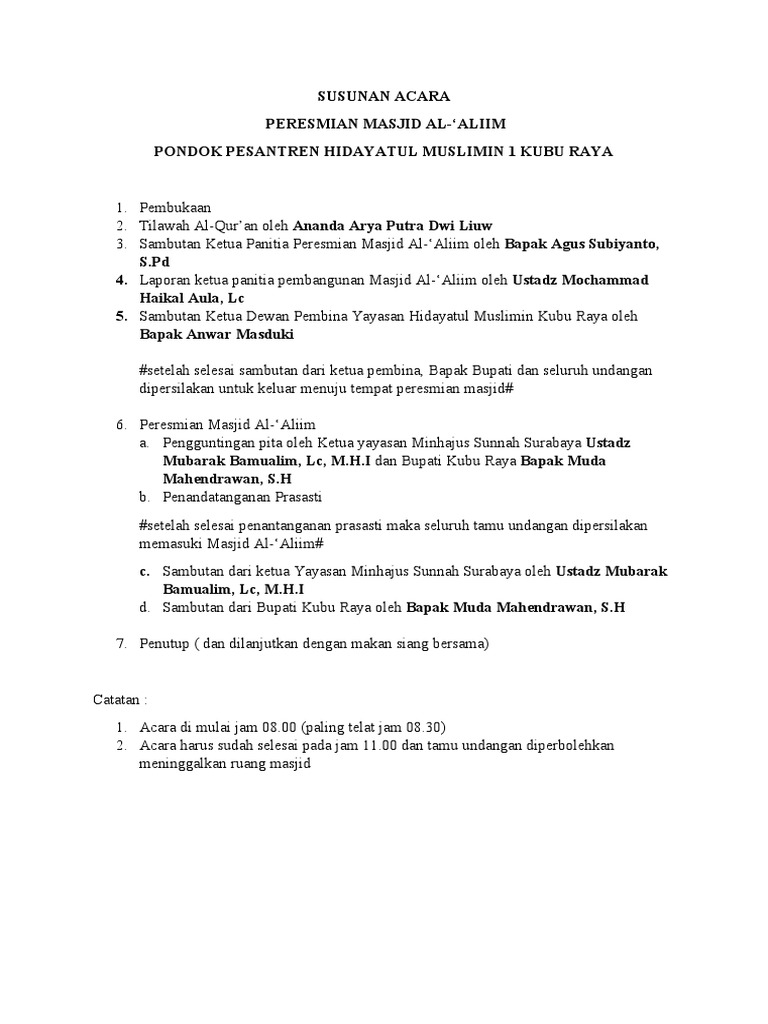 Susunan Acara Peresmian Masjid Al Aliim | PDF