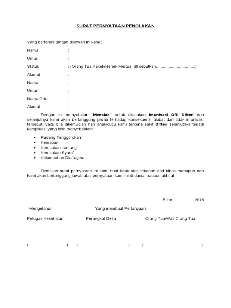 Blangko Surat Pernyataan Penolakan | PDF
