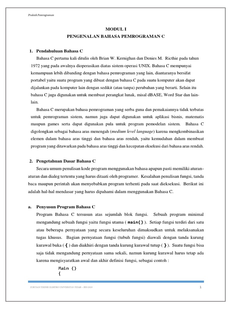 Modul I Pengenalan Bahasa Pemrograman C | PDF | Komputer