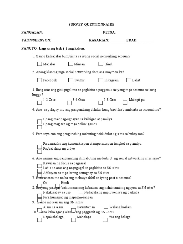 SURVEY QUESTIONNAIRE (Glance) Filipino | PDF