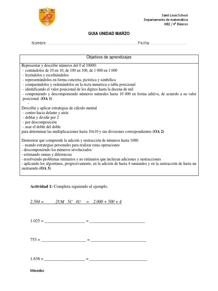 Matemáticas 4to básico: Guía de numeración y cálculo | PDF ...