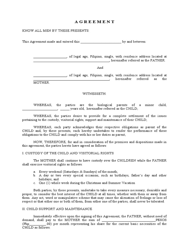 Child Support And Visitation Agreement Template