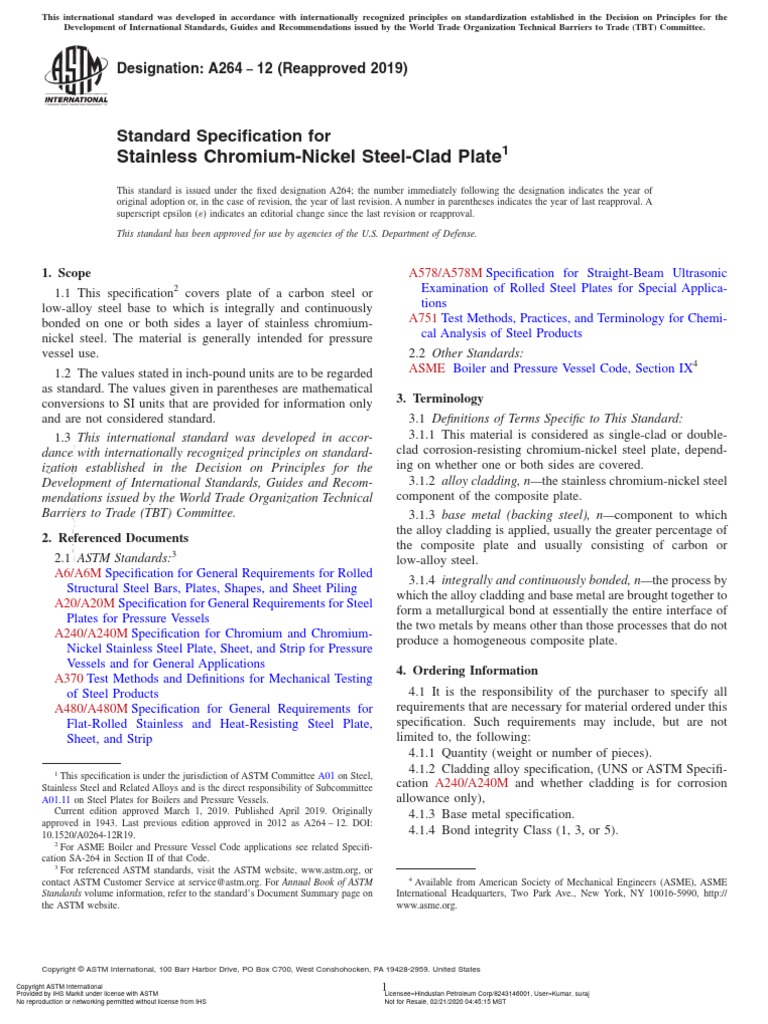 Astm 264 For Stainless Ateal Clad | PDF | Heat Treating | Steel