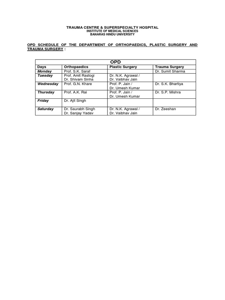 Opd Schedule Of Trauma Centre Pdf