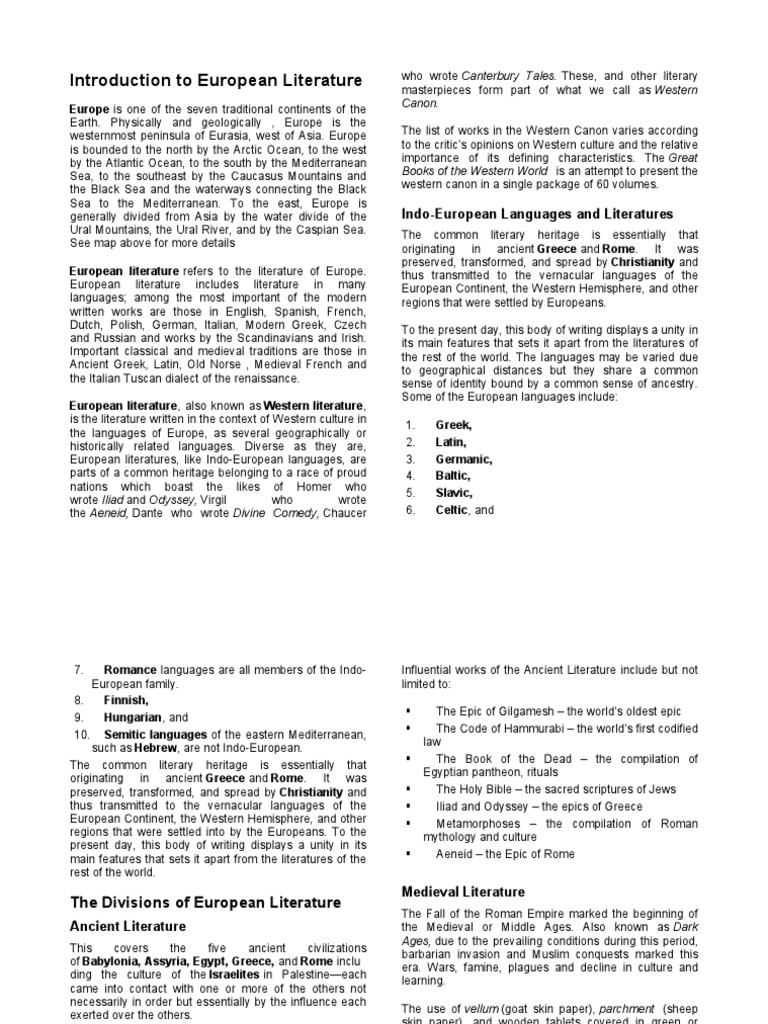 Introduction To European Literature | PDF | Epic Poetry | Europe Travel