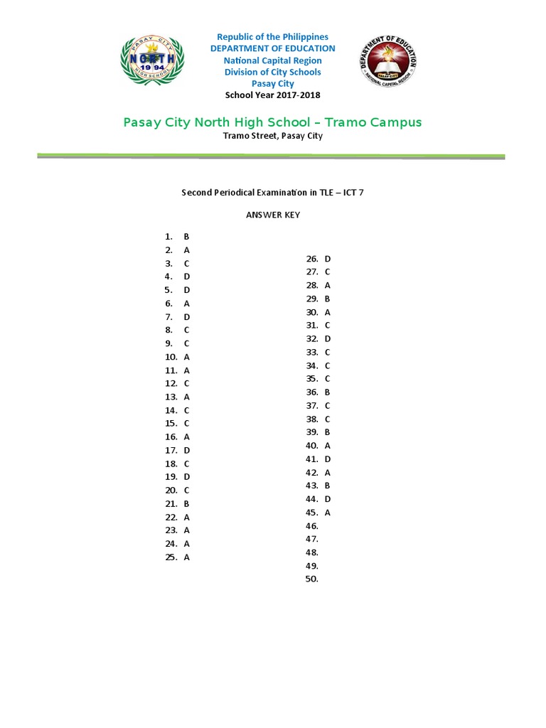Second Periodical Examination in TLE (ANSWER KEY) | PDF