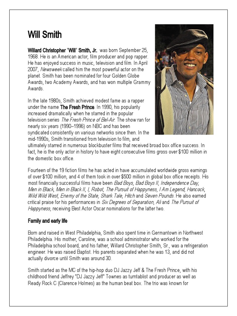 Reading Comprehension Will Smith Biography Reading Comprehension ...